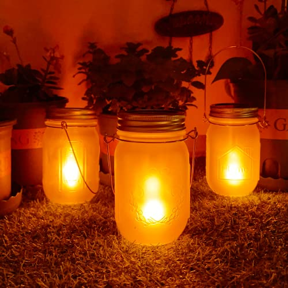 Solar Mason Jar Flame Lantern Lights ,4 Pack LED Flickering Flame Effect Light,Solar Lanterns for Outdoor Patio Party Garden Wedding Christmas Decor Lights(Mason Jars/Handles Included)