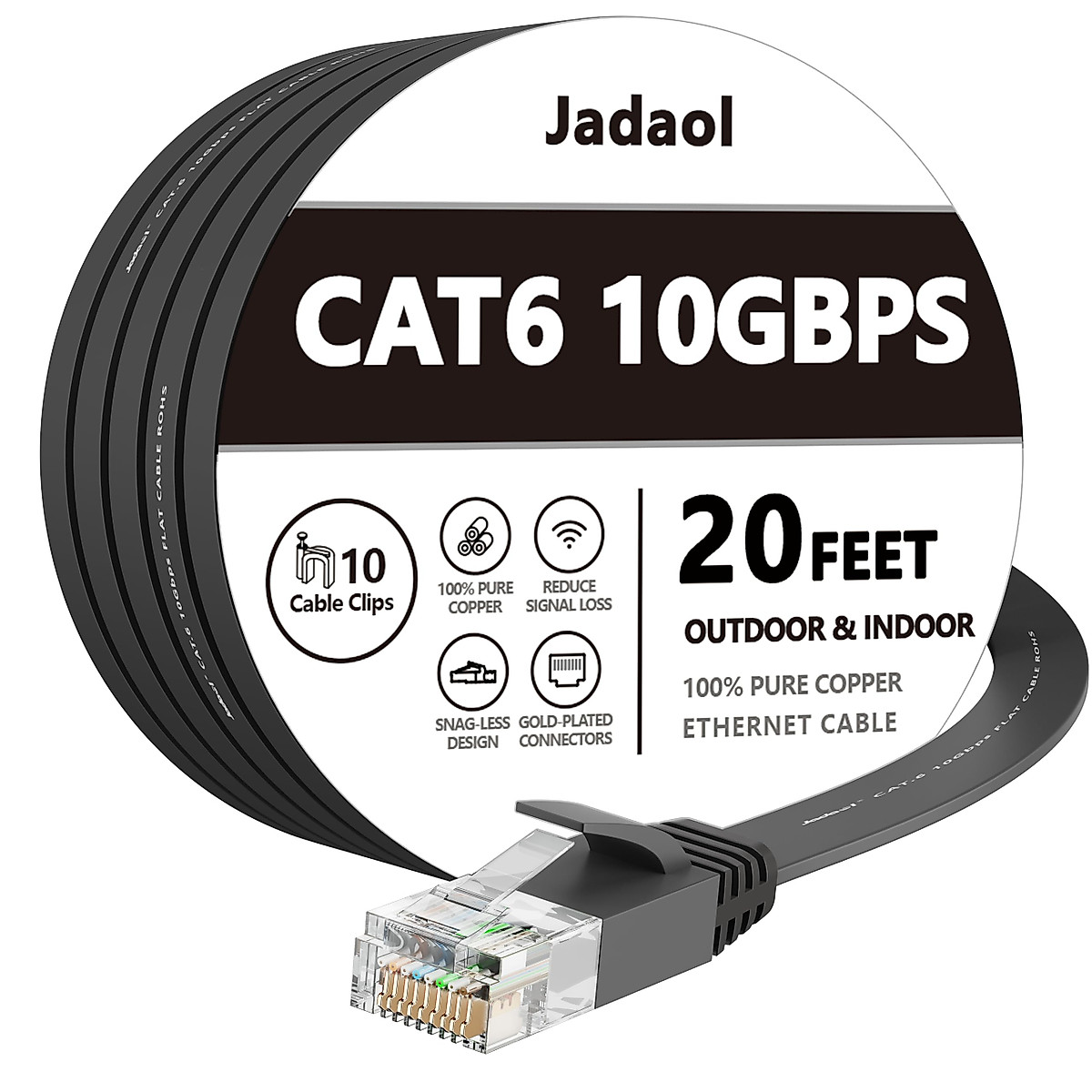 Cat 6 Ethernet Cable 20 Ft, Outdoor&Indoor, 10Gbps Support Cat 8 Cat 7 Network, Slim long Flat Internet LAN Patch Cord, Cat6 Fast Speed weatherproof Cable for Router, Modem, PS4/5, Xbox, Gaming, Black