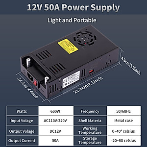 DC 12V 50A 600W Power Supply Switch 110V/220 AC to 12V DC Converter PSU SMPS Adapter Adjustable Universal Transformer for RV, Radio/Car Stereos, LED Strip, CCTV, Computer Project, 3D Printer