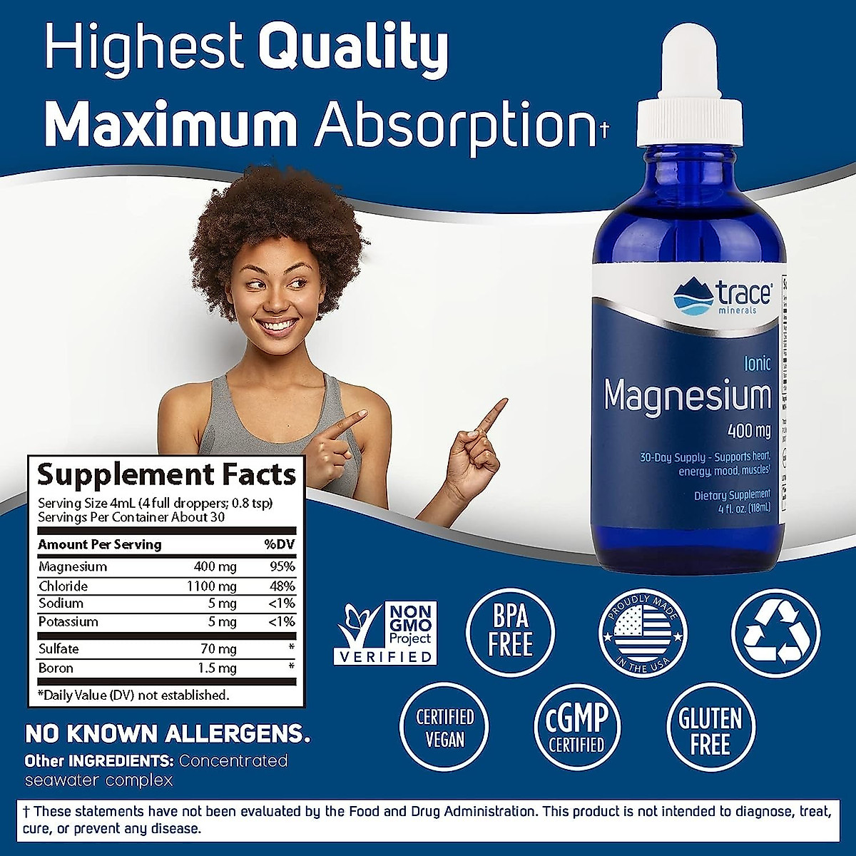 Trace Minerals Ionic Magnesium - Liquid Ionic Magnesium to Support Immune, Brain & Heart Health - Supplement to Aid Energy & Vitality - Supplement with Magnesium & Sodium - 4 fl oz (30 Servings)