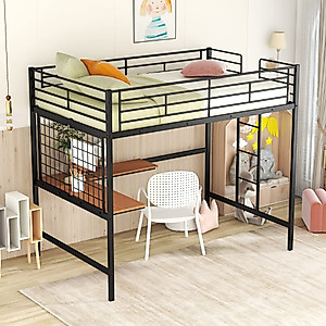 Black Full Loft Bed with Desk & Metal Grid, Metal Loft Bed Full Size with Safety Guardrails and Ladders, High Loft Bed Frame for Teens, Adults, No Box Spring Needed