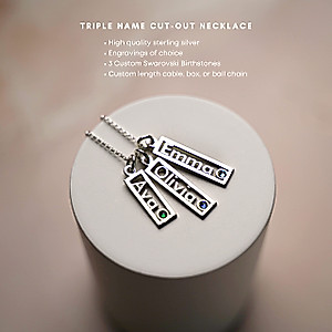 AJ's Collection Personalized Rectangle Triple Open Name Sterling Silver Necklace With Birthstone Setting. Customize a Name Charm. Sterling Silver Cable Chain. Gift For All. Makes Great Birthday Gift.