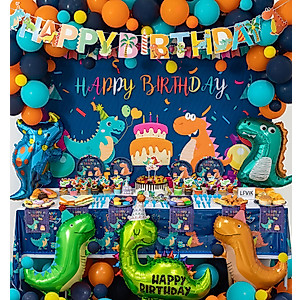 LFVIK Dinosaur Party Decorations,Blue Dinosaur Birthday Party Supplies for Boys,Customized Backdrop,5*Dinosaur Foil Balloons,Happy Birthday Banner,Sticker,Plates,Napkins,Tablecloth,Cake Toppers