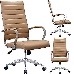 2xhome Contemporary Mid Century Modern High Back Tall Ribbed PU Leather Swivel Tilt Adjustable Chair with Back Swivel Wheels Designer Boss Executive Office Conference Room Work Task Tall Desk Tan