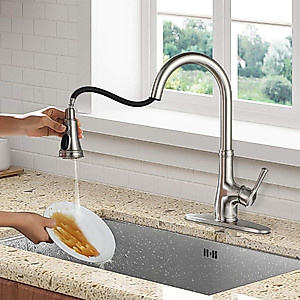 Kitchen Faucet-WEWE Single Handle Stainless Steel Brushed Nickel Pull Down Kitchen Sink Faucet with Pull Out Sprayer with 1/2 to 3/8 Adapter 2 Pieces