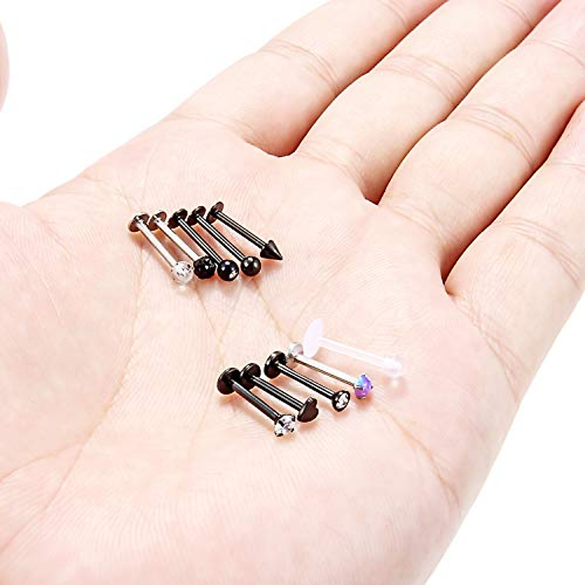 Ftovosyo 10pcs 16g 316L Stainless Steel Lip Ring 3mm Cubic Zirconia Labret Studs Monroe Cartilage Tragus Helix Earring Piercing Jewelry 10mm Bar Length for Women Men Black 10mm