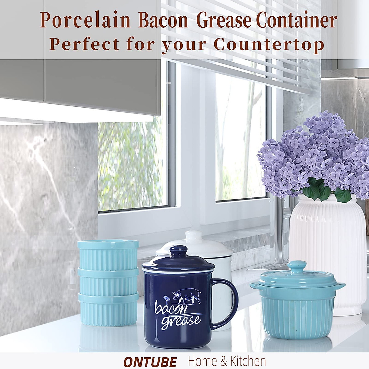 ONTUBE Ceramic Bacon Grease Container with Strainer, Cooking Oil Storage Can Grease Keeper for Kitchen, Navy