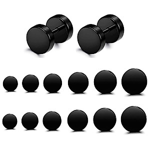 FIBO STEEL 6 Pairs Stainless Steel Black Stud Earrings for Men Women Faux Gauges Ear Tunnel Fake Gauge Earrings 3-8mm