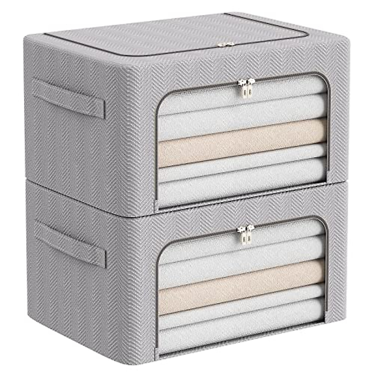 Foldable Clothes Storage Bins 2 Pack, Stackable Metal Frame Clothing Storage Box, Oxford Fabric Organizer Set with Clear Windows&Sturdy Carry Handles(22L,Light Grey)