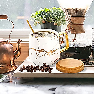 Peohud 2 Pack Porcelain Coffee Mugs Set, 14 OZ Marble Coffee Cups with Lid and Spoon, Large Tea Mugs for Latte, Cappuccino, Americano, Coffee Mugs for Couple, Novelty Engagement Gift