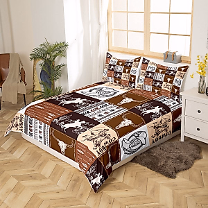 Western Cowboy Kids Duvet Cover Set Queen Size, Bull Skull Horse Arrow Print Quilt Cover with 2 Pillowcases, American West Brown Lattice Patchwork Bedding Cover for Boys Teens Room Decor, No Filler