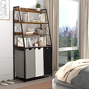 Herture Laundry Basket, 3 Section Laundry Hamper with 4 Tiers Shelf, Pull-Out and Removable Laundry Bags, Large 3 x 15.87 Gallons, for Laundry Room Bathroom Rustic Brown PF05XLN