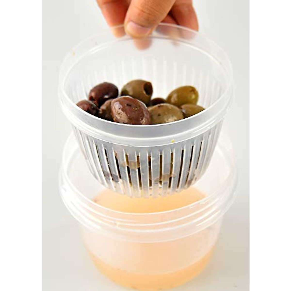 HOME-X Clear Plastic Storage Container with Removable Strainer and Lid, Small Food Storage Container, 1-Cup Capacity, 4 ½” L x 3 ½” W x 3 ¼” H, Opaque