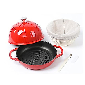 HAWOK Cast Iron Bread Cloche, Dia. 7.8inch/20cm, with Proofing Basket and Dough Scoring Knife, Sourdough Baking Pan Enameled Red