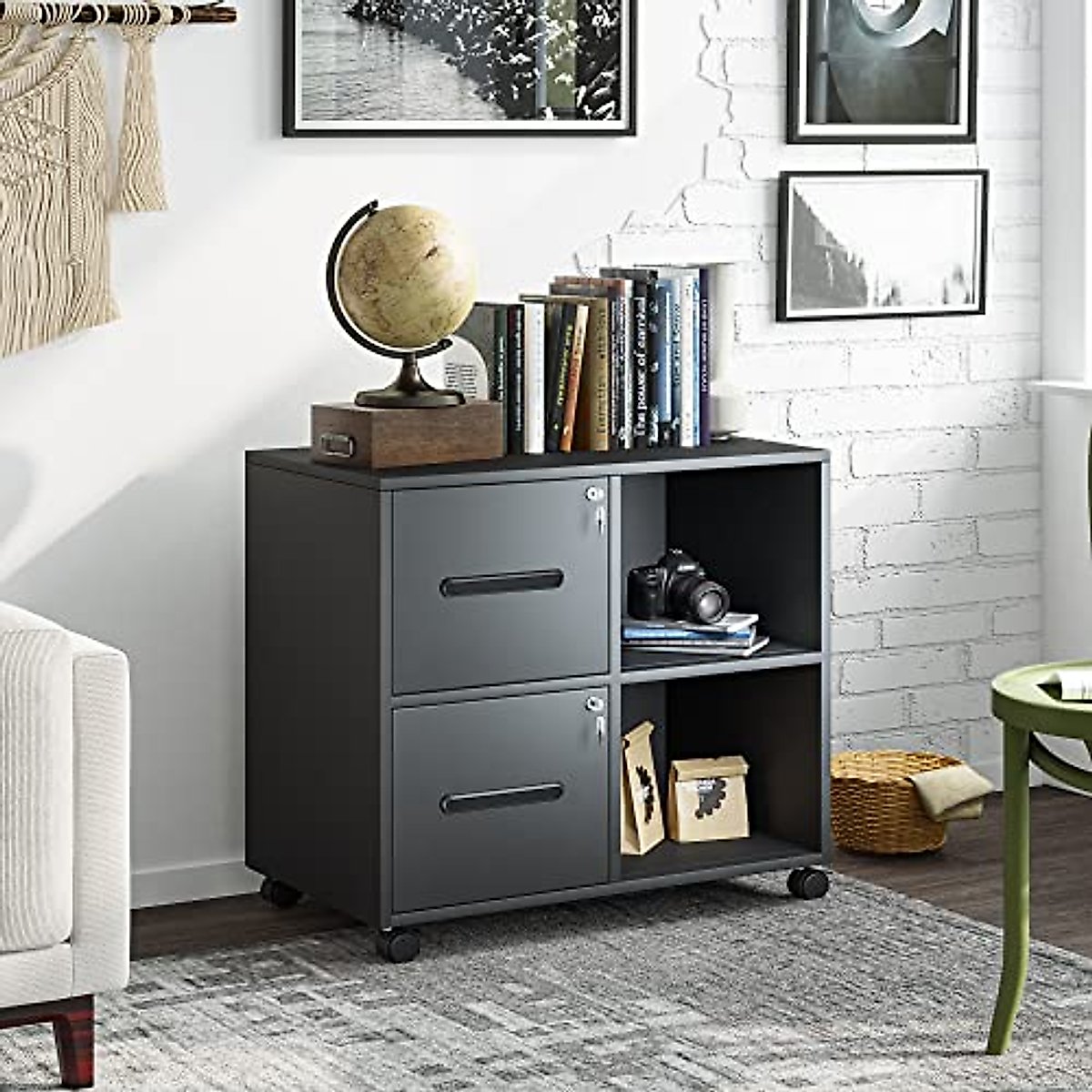 YITAHOME 2-Drawer Filing Cabinet, Thickened Steel Mobile Lateral Filing Cabinet On Wheels for A4/Letter Size, Printer Stand with Open Storage Shelves for Home Office