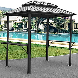 8'X6' Grill Gazebo Hardtop, Steel Grill Gazebo with Two Shelves Serving Tables, Permanent Double Roof Hard Top Gazebo, Heavy Duty Aluminum BBQ Gazebo for Patio, Deck, Backyard and Garden (Grey)
