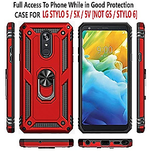 STARSHOP LG Stylo 5 Phone Case, [Not Fit Stylo 4 / Stylo 6], with [Tempered Glass Protector Included] Military Grade Shockproof Protection Cover with Rotating Ring Holder Kickstand - Scarlet