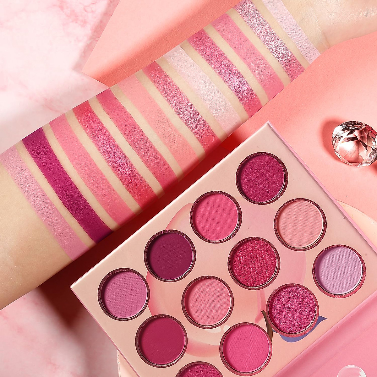 DE'LANCI Pink Purple Eyeshadow Palette, 12 Colors High Pigment Matte Shimmer Barbie Eye Shadow Makeup Pallet, Small Bright Peach Red Eyeshadow Pallets, Long Lasting Shades for Girl Women Summer Travel