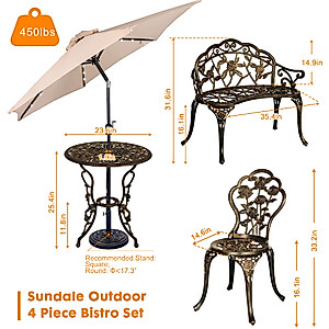Sundale Outdoor 4 Piece Bistro Set, Cast Aluminum Umbrella Table Chair Loveseat Furniture All Weather Resistant Antique Finish Patio Conversation Set for Balcony Porch Yard Bronze Rose