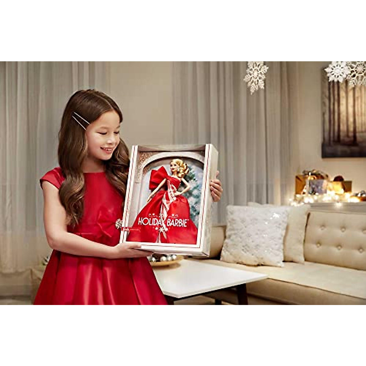 Barbie 2019 Holiday doll, 11.5-inch, Blonde, Wearing Red and White Gown, with Doll Stand and Certificate of Authenticity