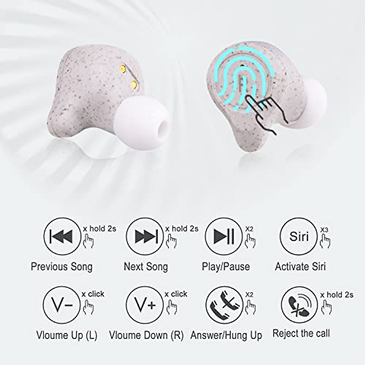 Wireless Earbuds Bluetooth Headphones Built-in Microphone with Support Wireless Charging Case, Wheat Straw in-Ear TWS Earphones with Stereo and Bass, for iPhone, Android，PC (TO6)