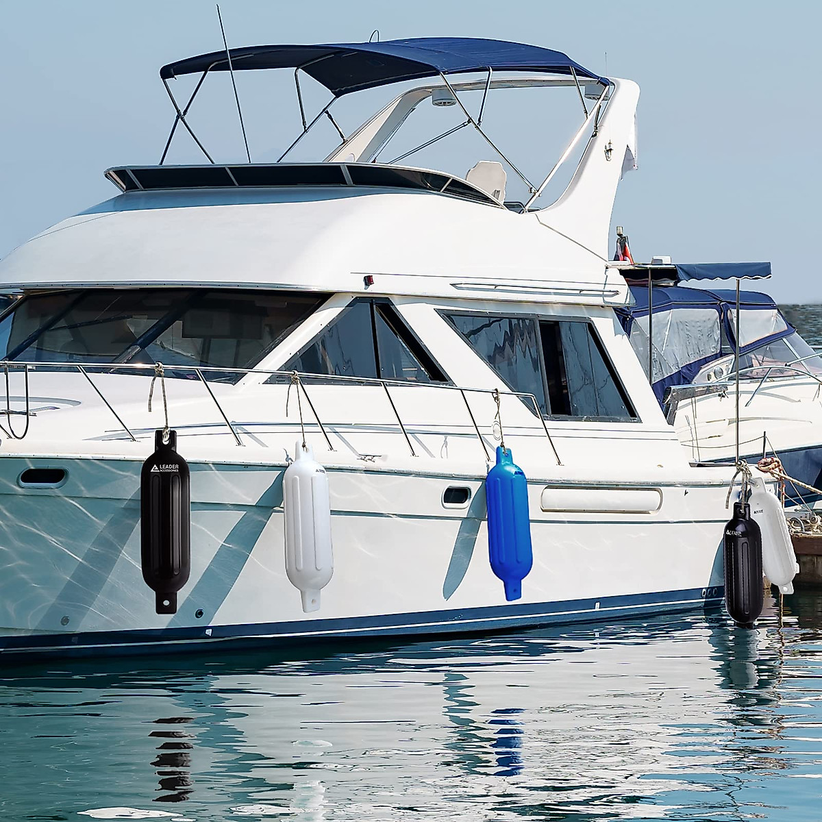 Leader Accessories Ribbed Twin Eyes Blue 4.5''x16'' Boat Fender Pack of 4 Includes 3/8'' Fender Lines Pack of 4 and Pump to Inflate