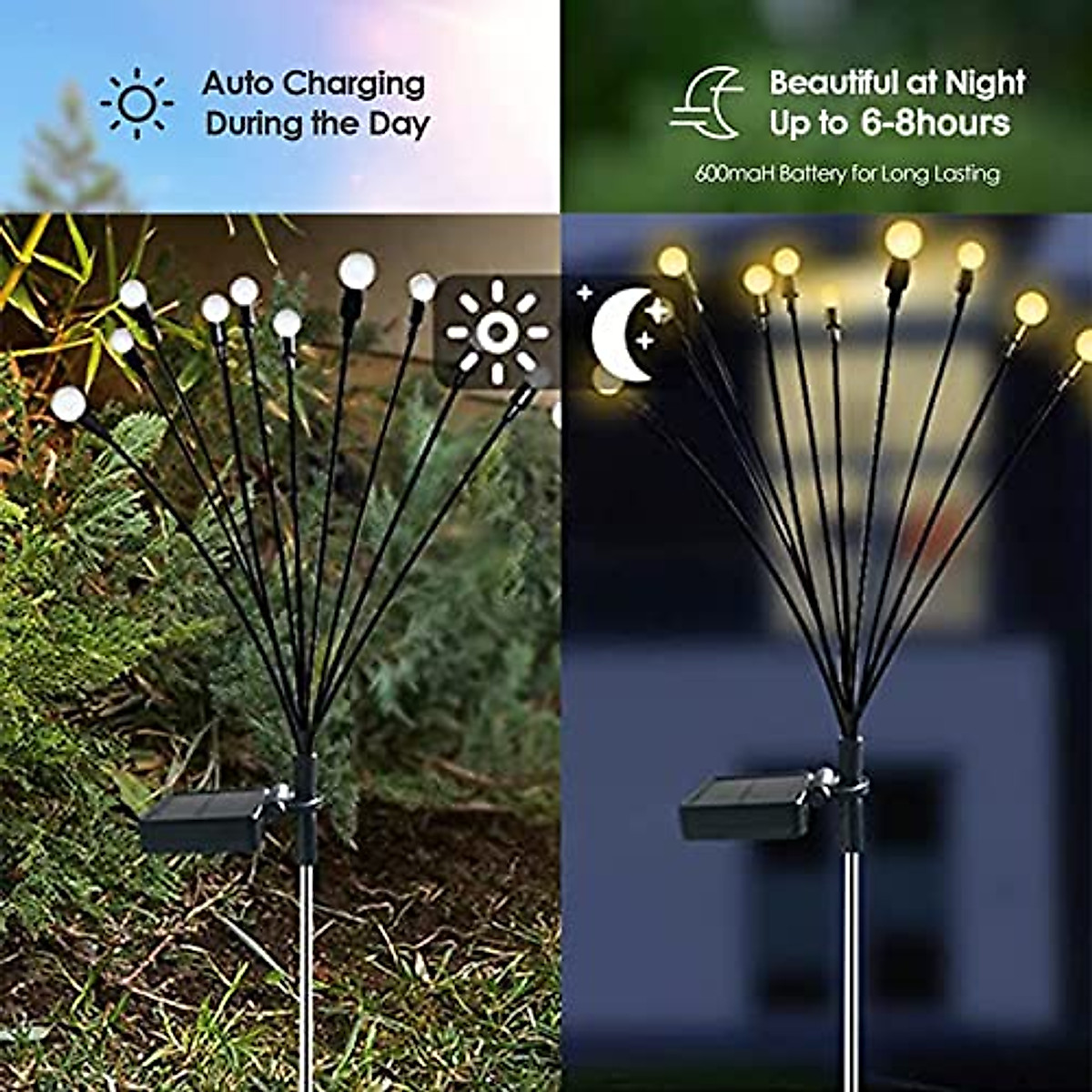 UN UNITEDTIME 2 Pcs Solar Firefly Lights Outdoor Waterproof, Solar Starburst Swaying Garden Lights, Swaying When Wind Blows Solar Garden Lights Outdoor Decorative String Lights (Warm)
