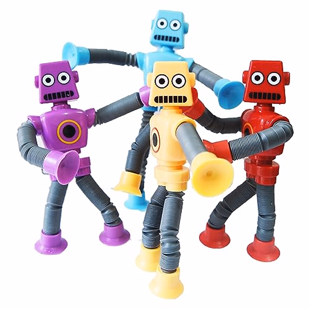 Bendable Robot Figures, Set of 4 Flexible Men, Telescopic Suction Cup Robot Toy, Telescopic Pop Tubes, Fidget Tubes Sensory Toys for Girls Boys