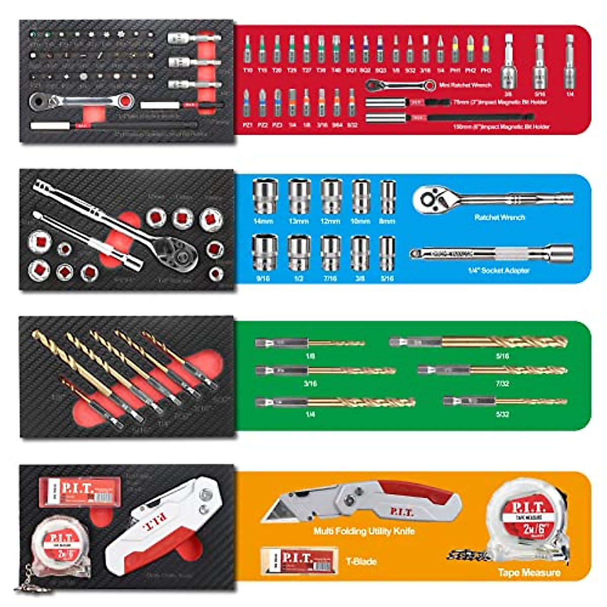 P.I.T. Portable 3 Drawer Steel Tool Box with 61-Pieces Mechanics Tool Set,Magnetic Locking, Red Hand Carry Tool Cases for Hand Tools Repair Tool Kit