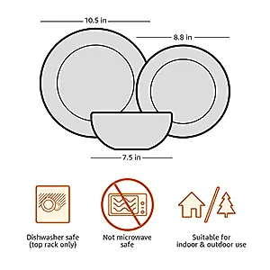 Amazon Basics Melamine Dinnerware Set, Service for 4, White Marble - Set of 12