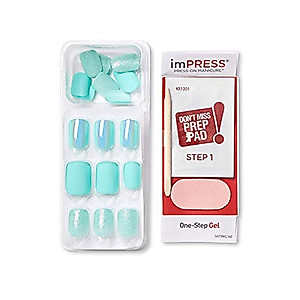 KISS imPRESS Press-On Manicure, Nail Kit, PureFit Technology, Short Press-On Nails, Rain Check', Includes Prep Pad, Mini Nail File, Cuticle Stick, and 30 Fake Nails