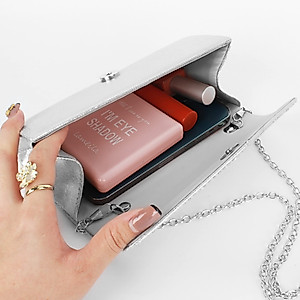 Quniko Rhinestone Flap Evening Clutch Purses Formal Sequins Handbag Crossbody Shoulder Bag for Women (Silver B)