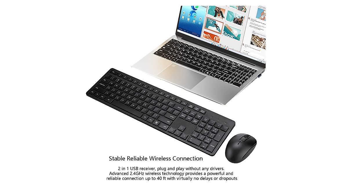 Wireless Keyboard and Mouse Combo | Silent 2.4G, Full Size, 1600 DPI