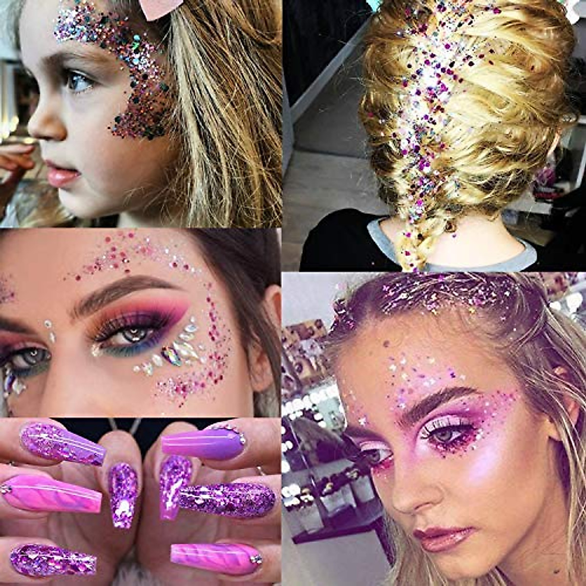Unicorn Iridescent Holographic Chunky Glitter Cosmetic Body Hair Face Eye Nail for Festival Carnival Concert Party Beauty Rave Accessories Different Shapes 2 Pots 14g/0.5oz+ Quick Dry Primer Glue Gel