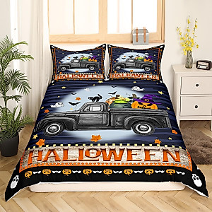 Feelyou Halloween Duvet Cover Full Size with 2 Pillow Cases Halloween Decor Comforter Cover Happy Halloween Bedding Set Black Cartoon Truck Bedspread Cover for Kids Adults