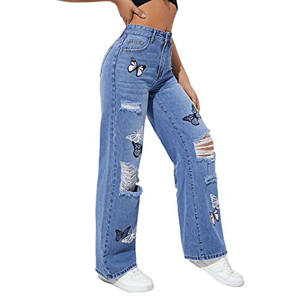 SweatyRocks Women's Ripped Straight Leg Jeans High Waist Distressed Cutout Denim Pants Blue Butterfly S