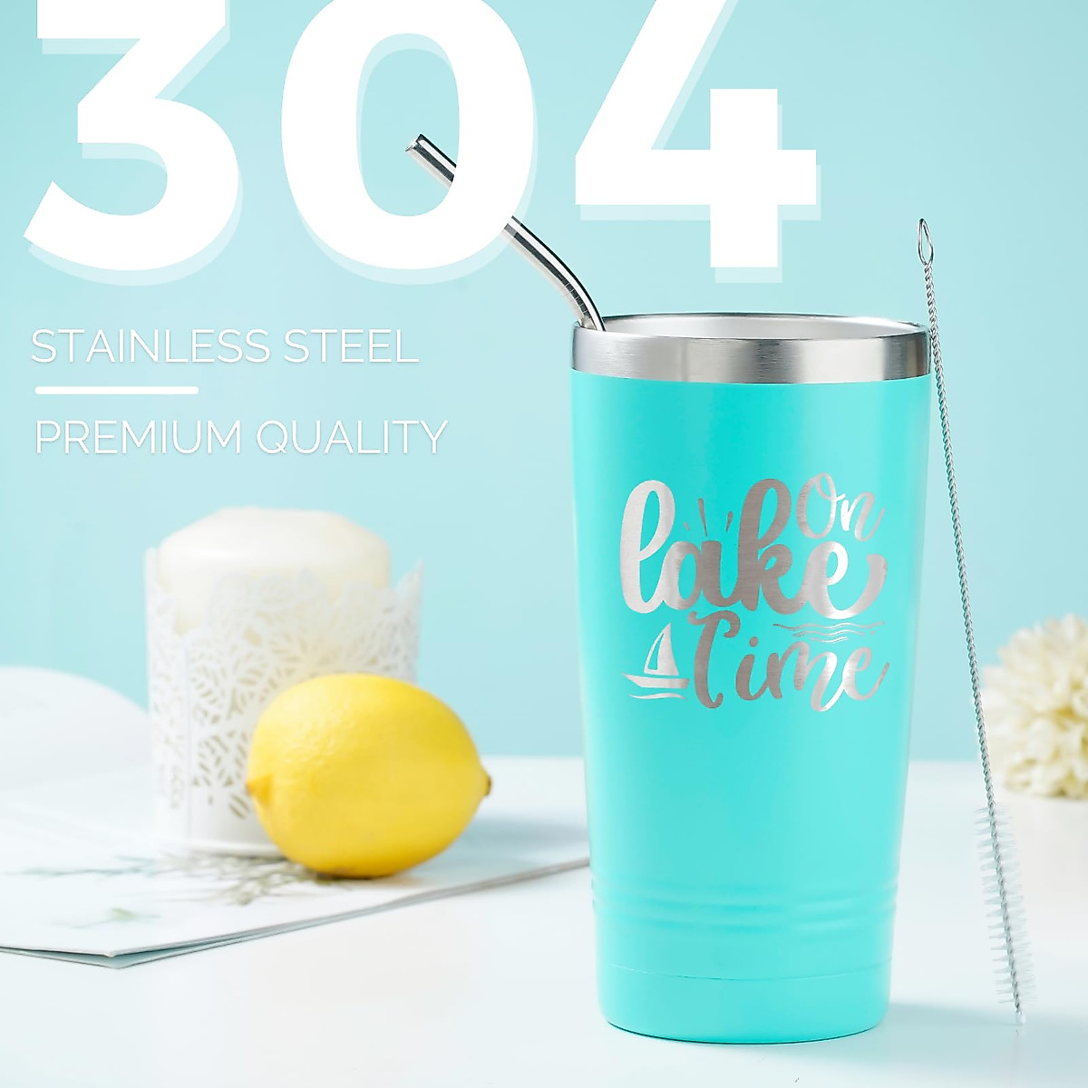 Onebttl Lake House Gifts, Lake Life Gifts for Women/Men, 20oz Insulated Tumbler, Perfect for Boat Owner/Lake Lovers - Lake Time (Teal)