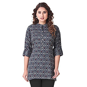 ladyline Womens Cotton Rayon Printed Tunic Top 3/4 Roll-Up Sleeves Button Neck Short Kurti Kurta (XL/Blue/44)