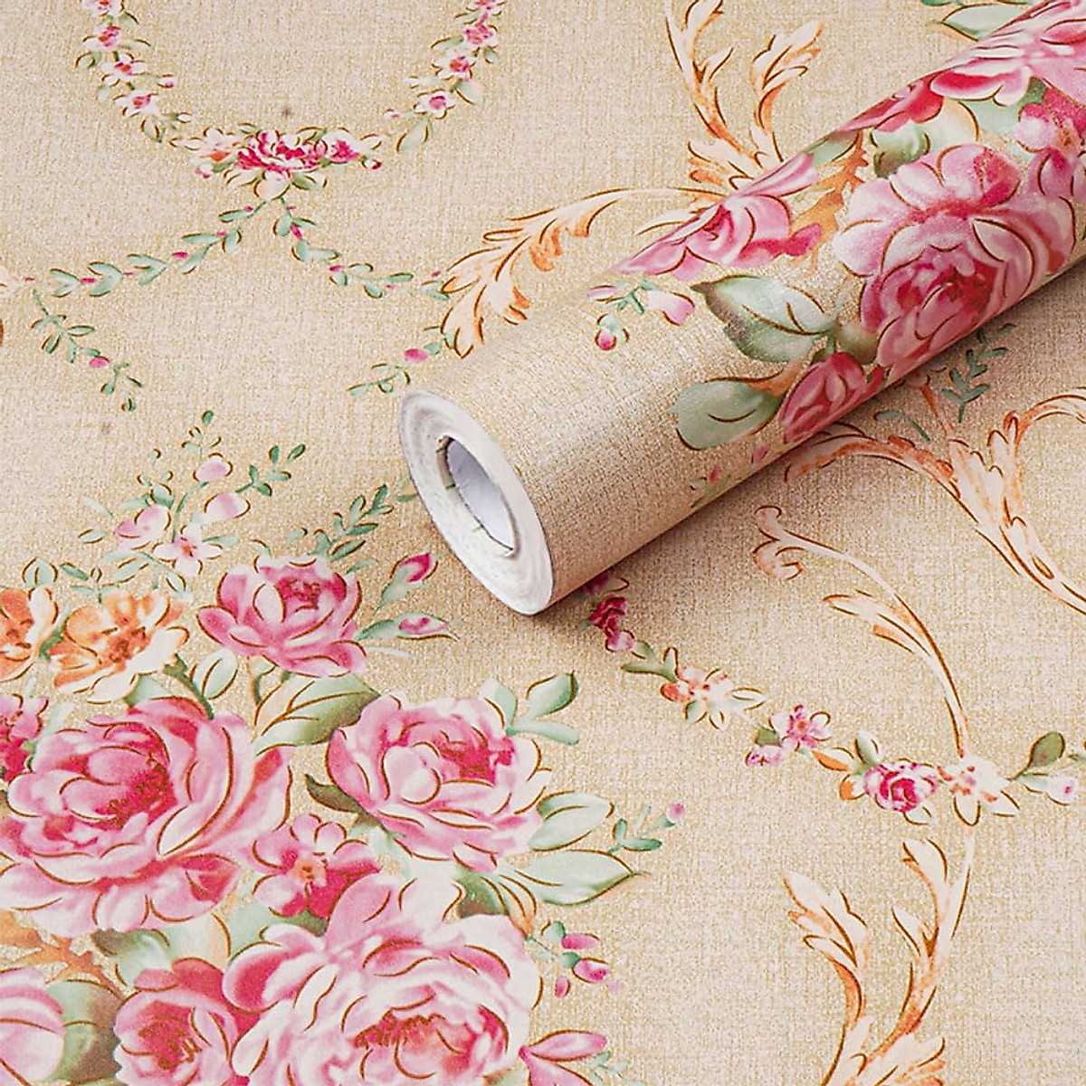 HOYOYO Self-Adhesive Shelf Liners Paper, Removable Self Adhesive Shelf Liner Dresser Drawer Wall Stickers Home Decoration, Beige Peony Floral 17.8 x 118 Inches