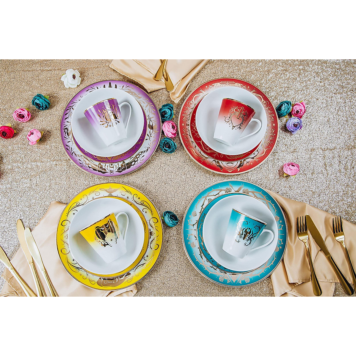 Disney Villains 16-Piece Ceramic Dinnerware Set, Maleficent, Evil Queen, Jafar, Ursula, Multicolor