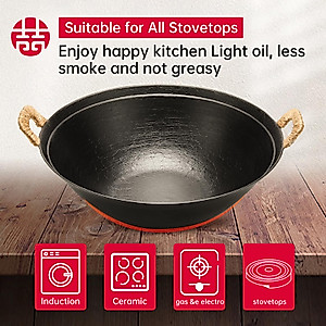 WANGYUANJI Handmade Cast Iron Wok 14.2" Large Woks Stir-Fry Pans with Dual Handle,Fry Pan Suitable for Induction, Electric, Gas, Halogen All Stoves-Black,Uncoated Craft Wok Healthy Cooking Wok