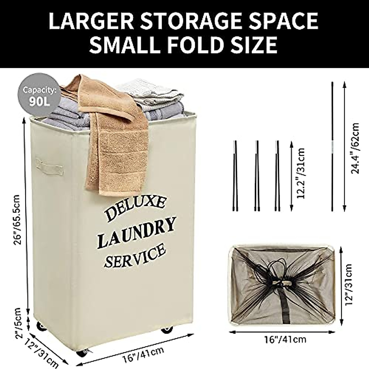 ZERO JET LAG 90L Large Slim Rolling On Wheels Laundry Hamper Basket Tall Dirty Clothes Hamper Clothes Storage Basket Standable Corner Handy Bin Hamper Basket 12x16x26" (Beige)