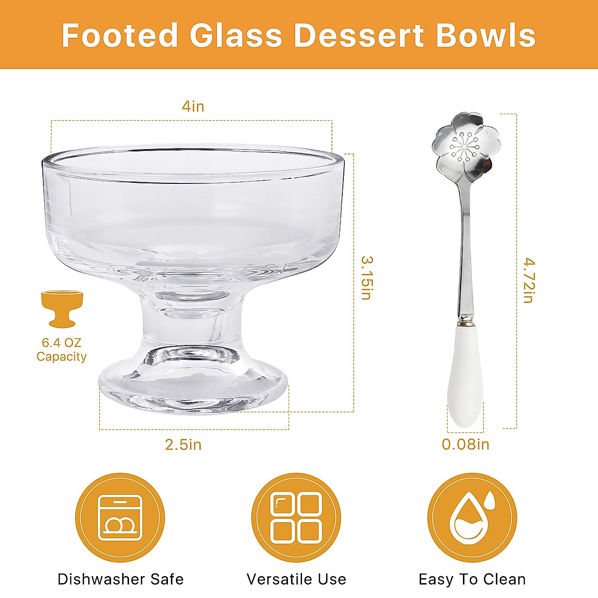 Akamino 6 Pack Glass Dessert Bowls with 3 Pack Flower Spoons, 6.5 oz Ice Cream Bowls Mini Trifle Bowl, Crystal Glass Bowls for Sundae,Fruit,Salad, Pudding, Nuts,Snack