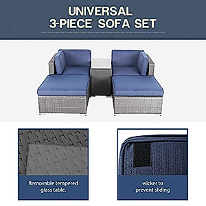SOLAURA 5-Piece Outdoor Patio Furniture Set, PE Rattan Wicker Chair Sectional Sofa Set with YKK Zipper and Glass Coffee Table - Navy Blue