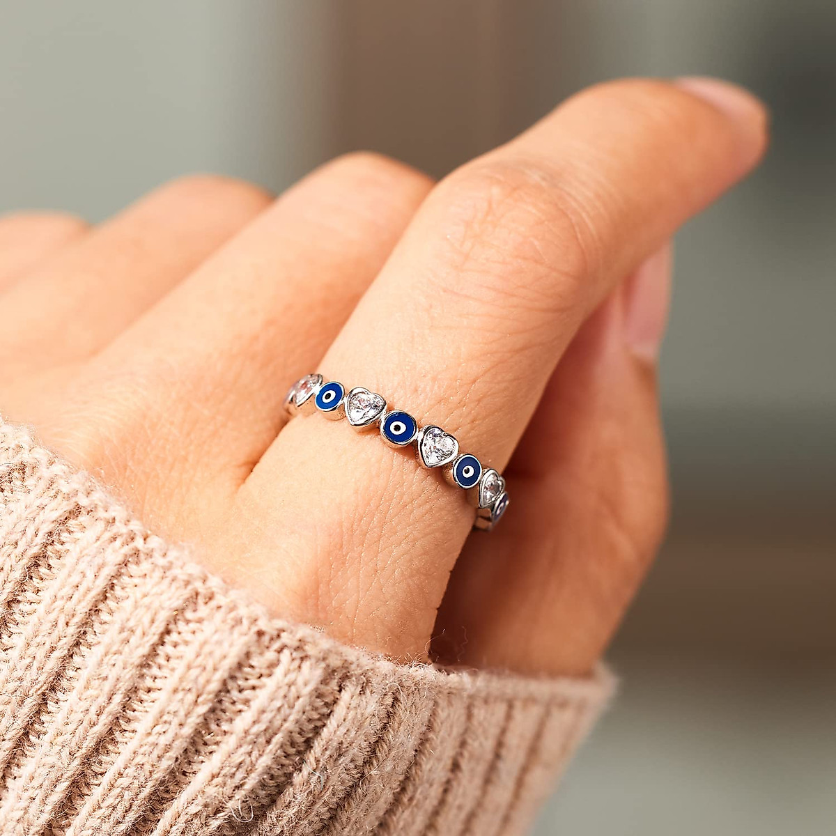 Story Jewellery Silver Plated Cubic Zirconia Evil Eye Promise Rings for Women, Heart & Evil Eye Ring Band Lucky Protection Jewelry Gifts, Birthday Christmas Valentines Gifts for Women (Plated 07)