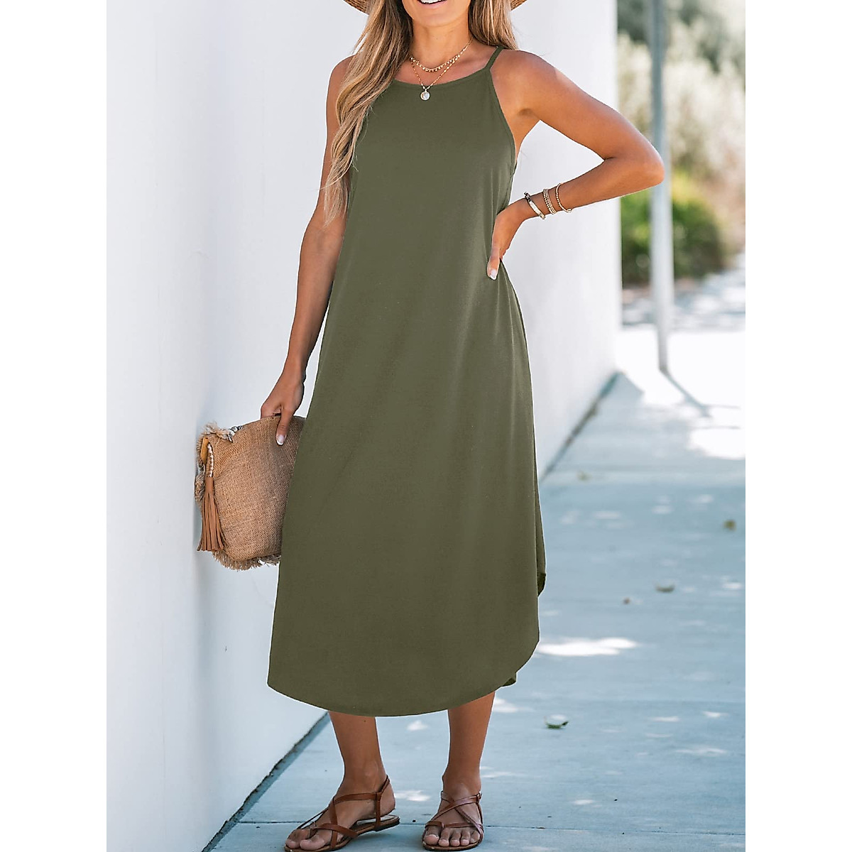CUPSHE Women's Olive Scoop Neck Cami Dress Sleeveless Dresses Casual Summer, Medium