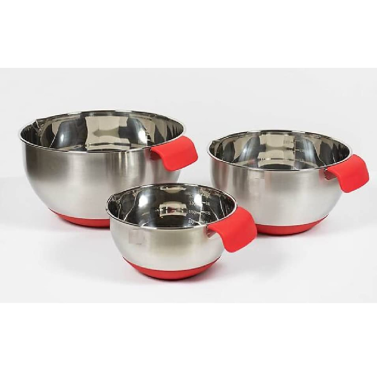 Kansara Stainless Steel Mixing Bowls, Non slip silicone base bowls with Handle, Mixing Bowl Set with Pour Spouts & Measurement Marks, Home Essentials Cooking Bowls (Size: 1QT, 2.5QT, 4QT) Red Color