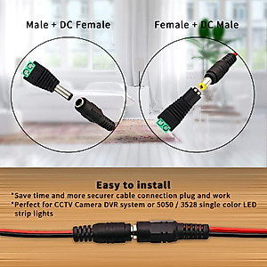 DaFuRui DC Pigtail，18 Pairs 12V 2A DC Male Female Power Pigtail Cable Connector Wire 2.1x5.5mm DC Power Connectors for CCTV Security Camera and 12V Power Supply Adapter