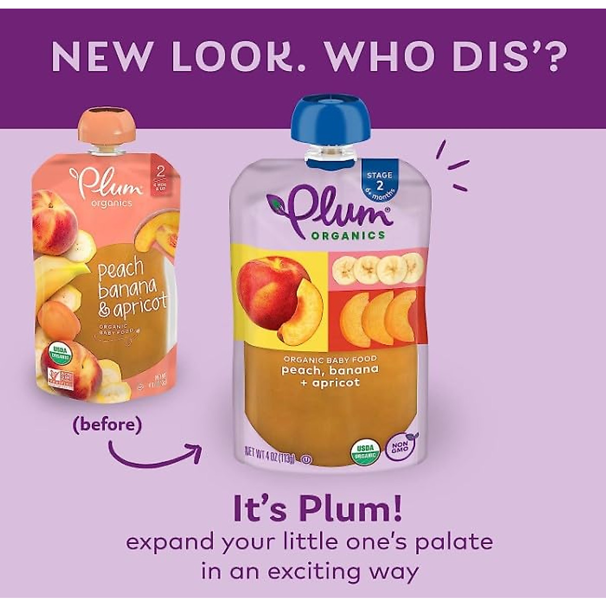 Plum Organics Stage 2, Organic Baby Food, Peach, Banana and Apricot, 4.0 Oz, New Look, Packaging May Vary.