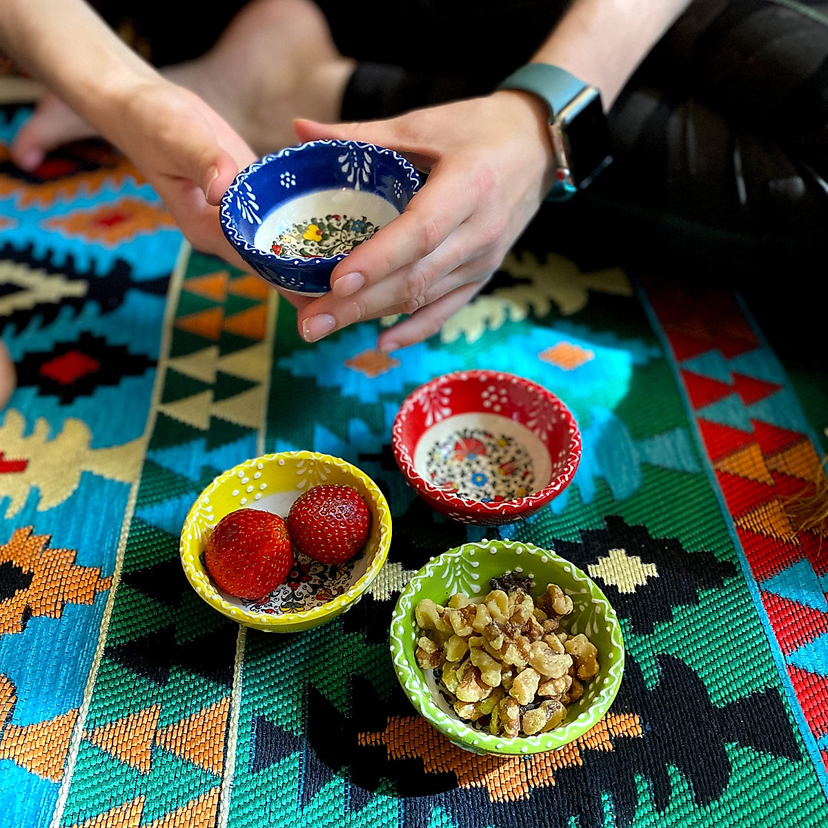 Silkroad Home Goodies Set of 4 Ceramic Sauce Dishes in Gift Box, Handprinted Turkish Pottery Mini Serving Plates